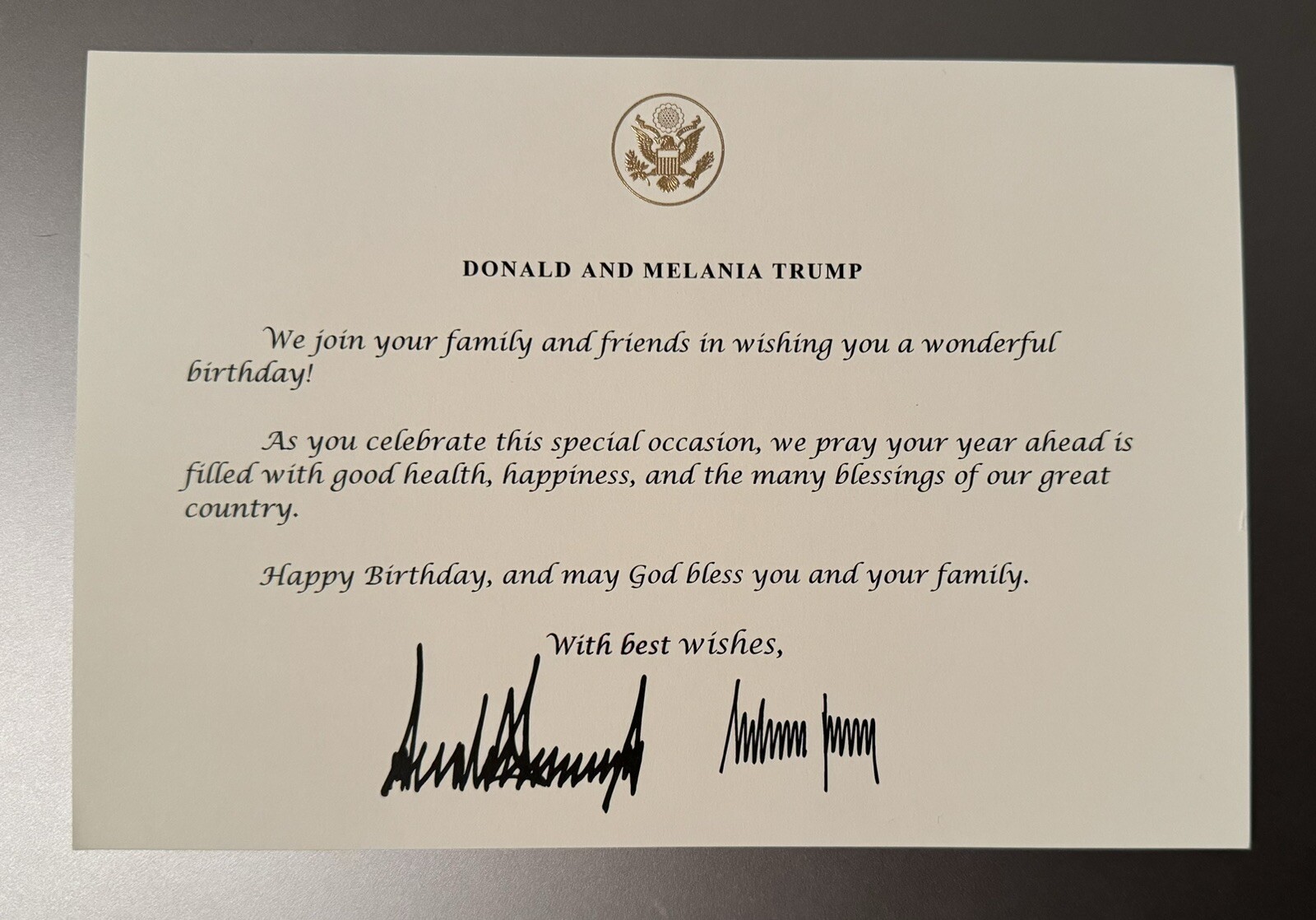 Happy Birthday From President Donald Trump And Melania letter - RARE ...
