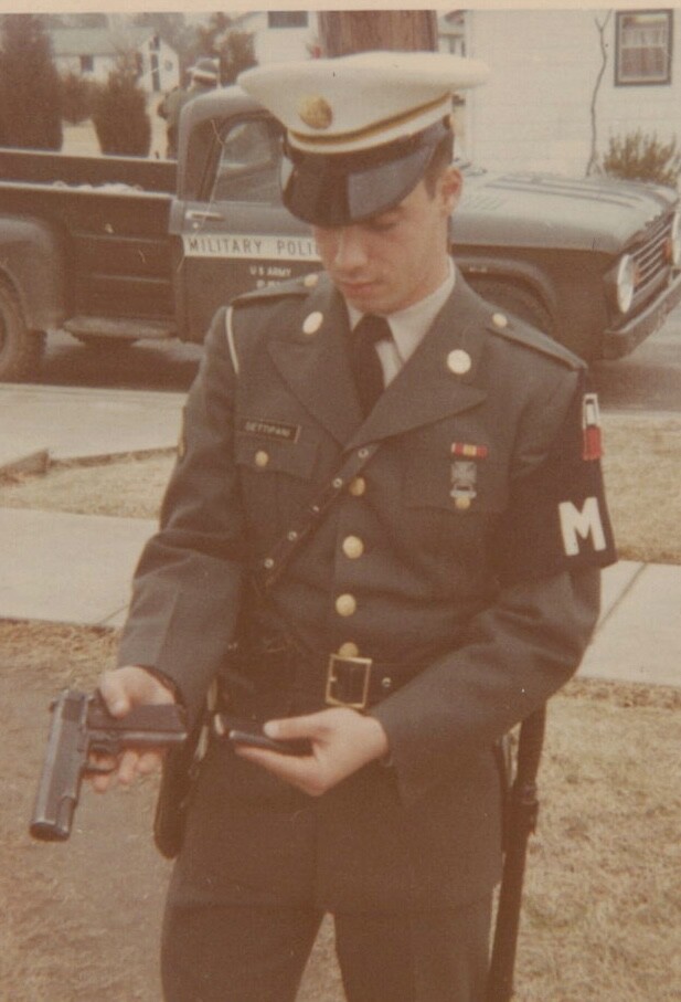 1968 Military Police Officer Holding Pistol Army Truck Uniform Suburban ...