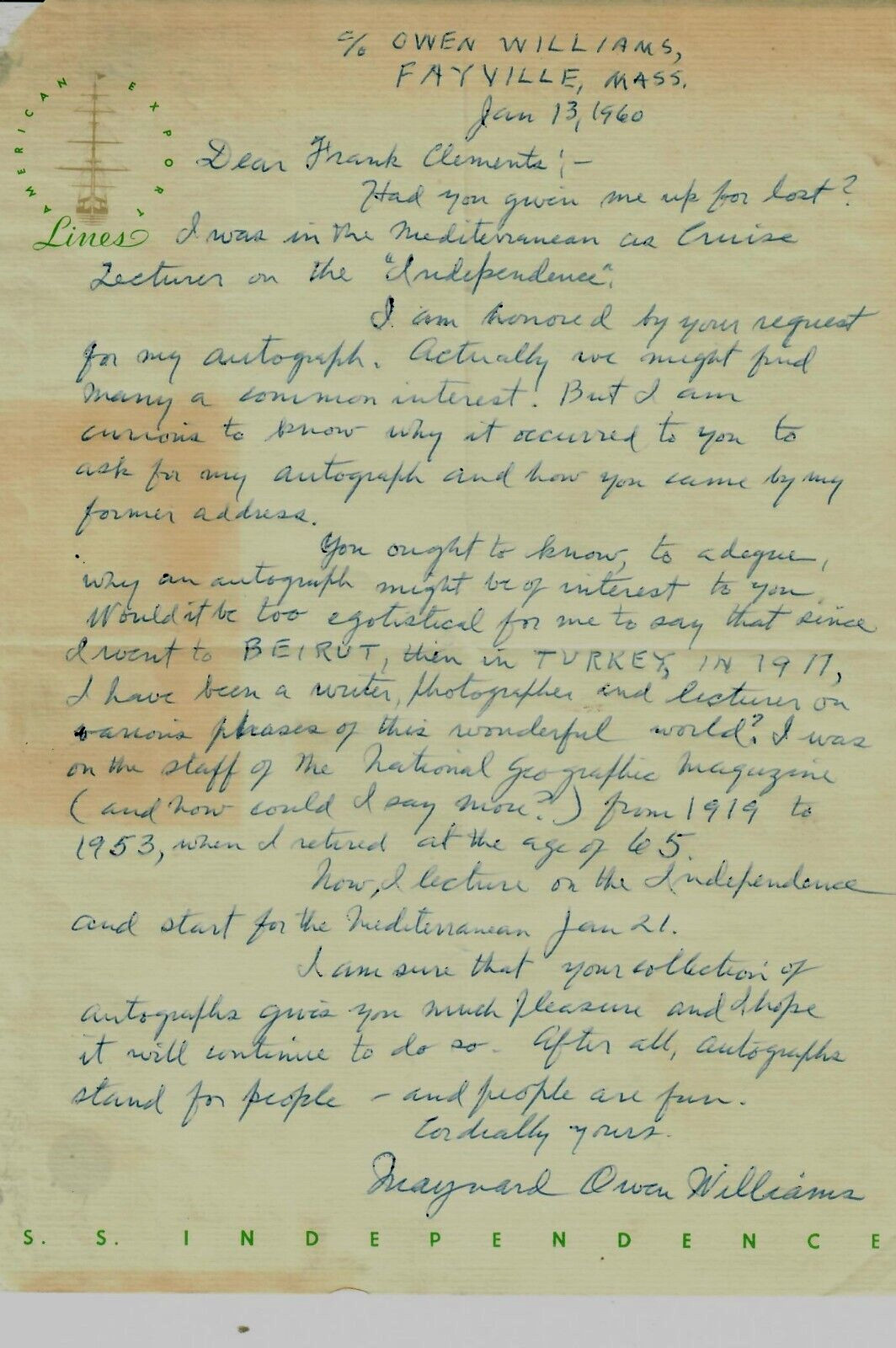 RARE “National Geographic\" Maynard Williams Hand Written Letter From ...