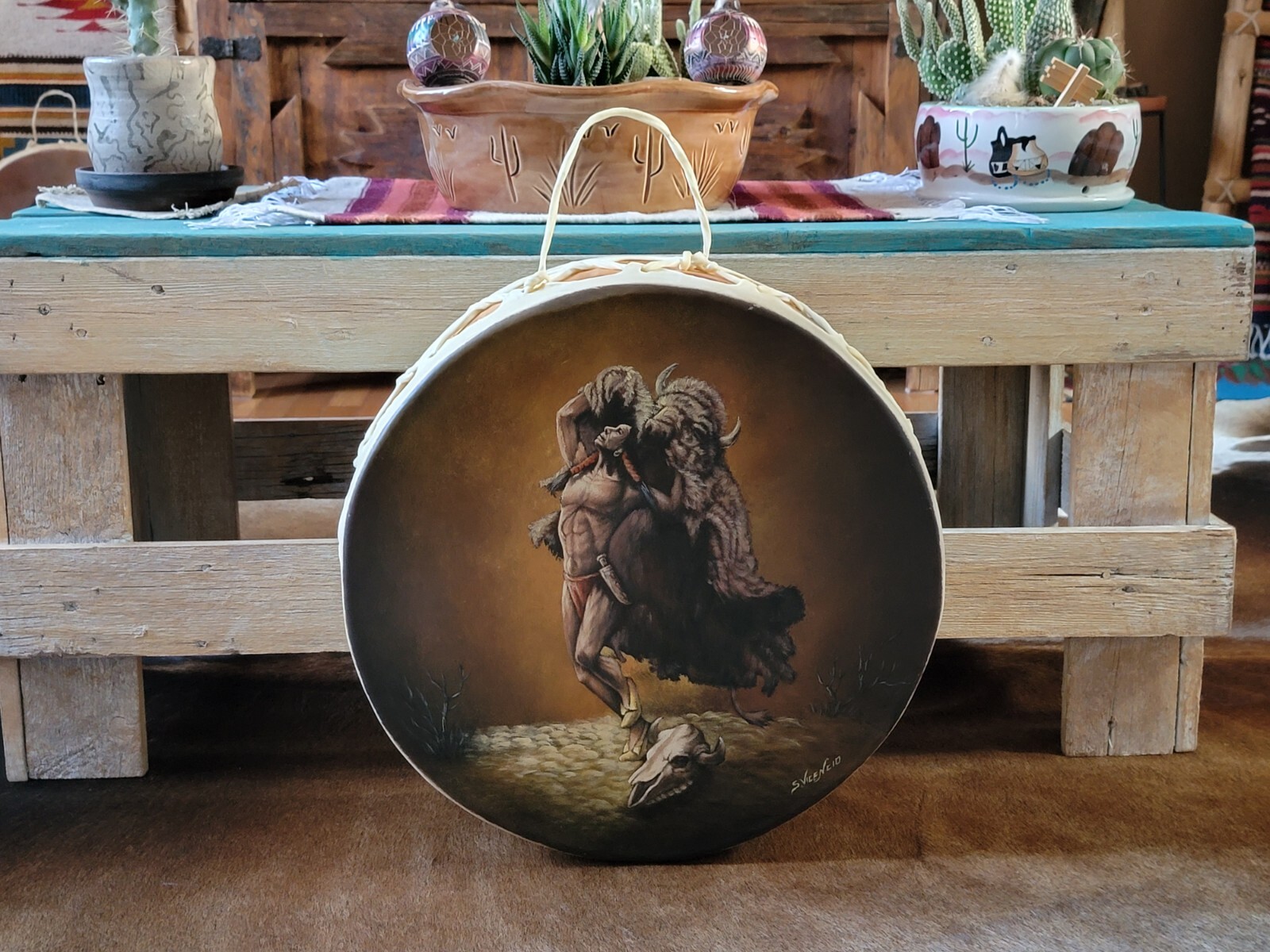 Native American Indian Tarahumara Hand Painted Drum by Artist Salvador ...