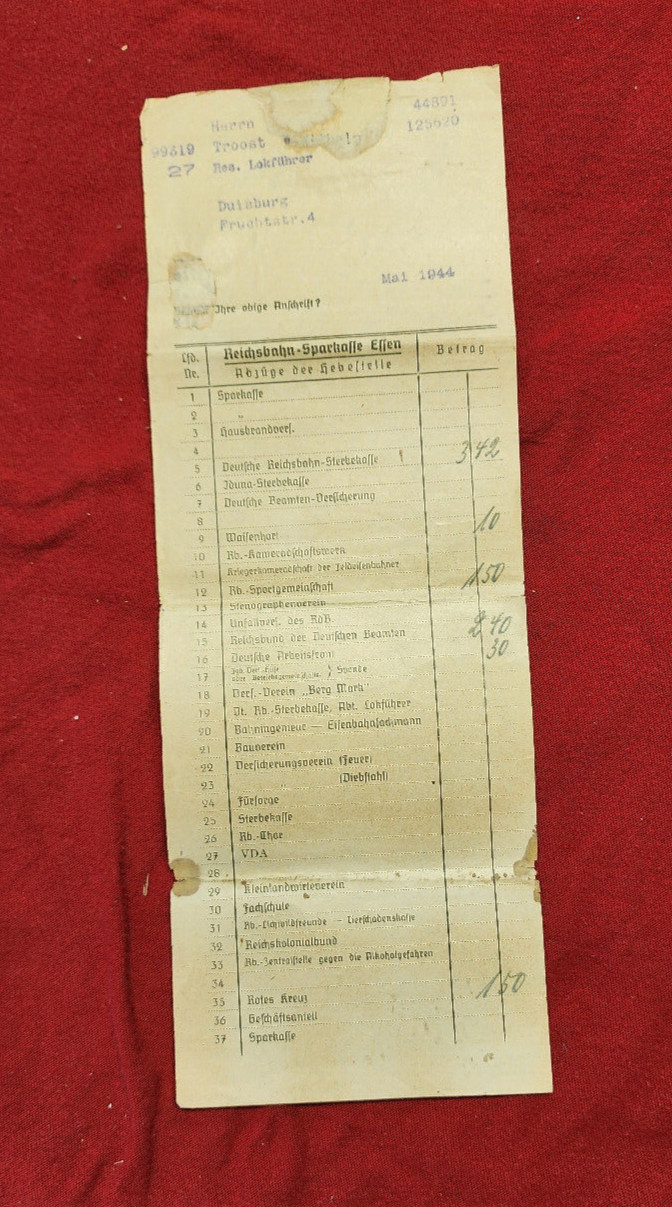 WW2 WWII Late war German paper document REICHSBAHN Railways Train ...