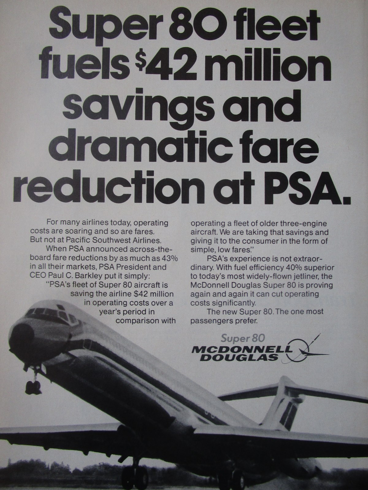9/1982 PUB MCDONNELL DOUGLAS SUPER 80 AIRLINER PSA PACIFIC SOUTHWEST ...