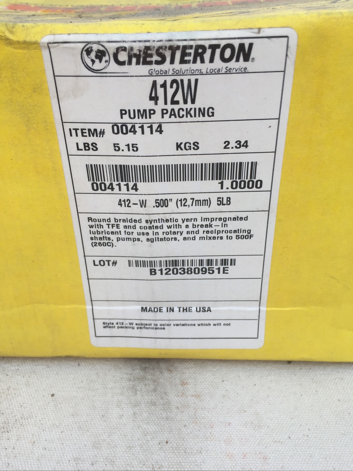 Chesterton 412W Synthetic Yarn Pump Packing 412-W .500” (12,7mm) for ...