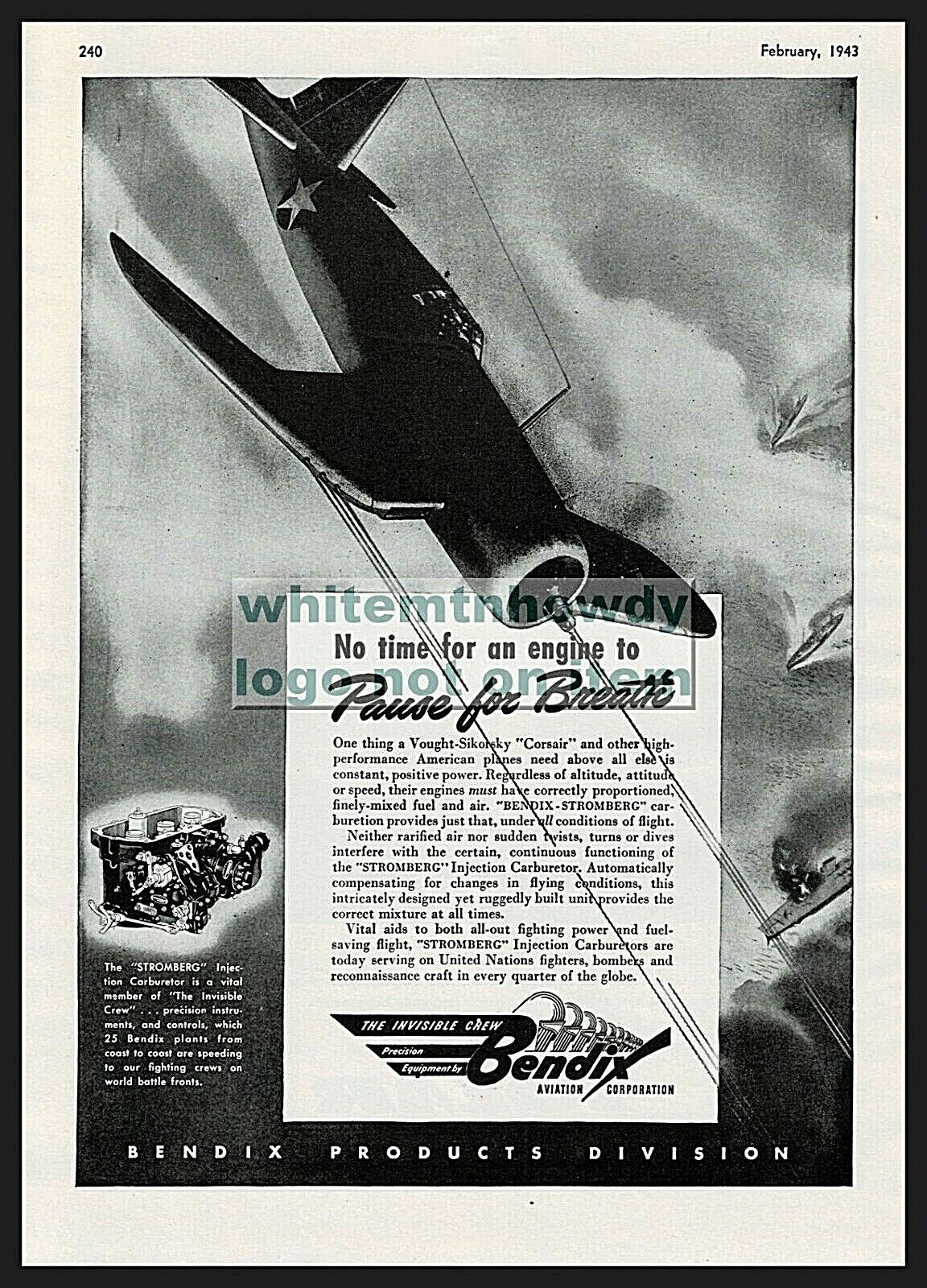 1943 WWII VOUGHT-SIKORSKY CORSAIR War Plane Aircraft Bendix Aviation AD ...